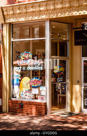 Comics store, front door, entrance, shop windows, colorful superhero ...