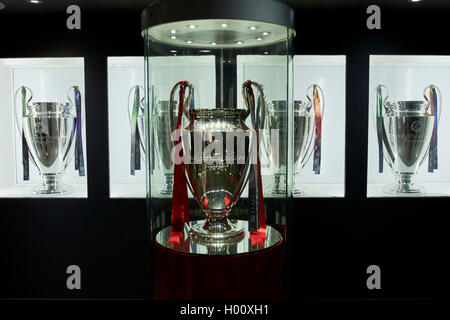 European Champions League trophy cabinet at Anfield, the home ground of ...