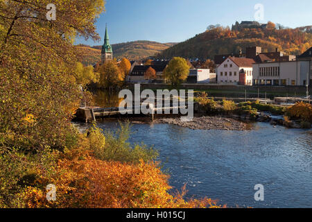 view onto Hohenlimburg with the river Lenne in autum, Hagen, Germany ...