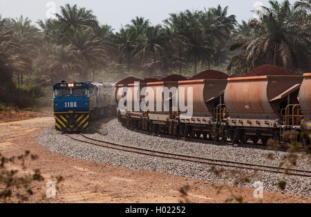 Transporting and managing iron ore. 4 locomotives hauling 100 wagon ore ...