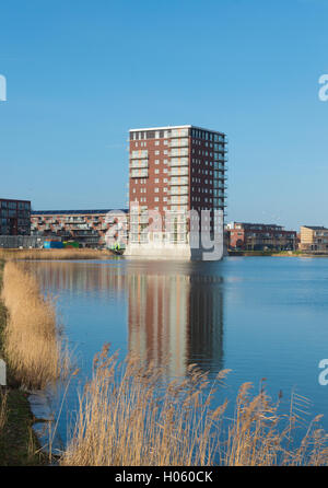 Modern building is reflected in lake in city Park. Summer Sunny day in ...