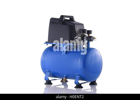 Blue tank air compressor, side view. 3D rendering isolated on white ...