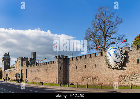 Cardiff Castle with a Rugby World Cup 2015 rugby ball embedded in the ...