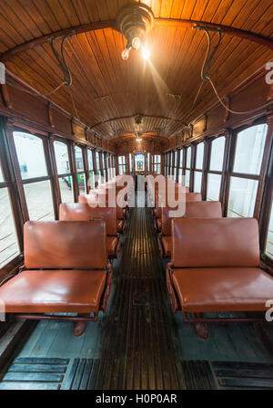 Old tram interior wooden seats Stock Photo - Alamy