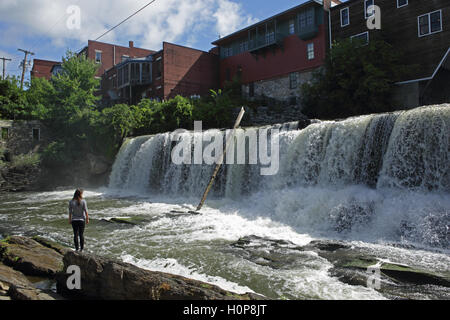 USA, Vermont, Middlebury, Town view from Otter Creek Falls, spring ...