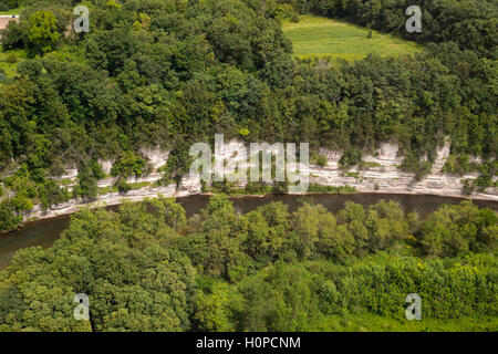 Aerial view of the Upper Iowa River bluffs in northeast Iowa on a ...