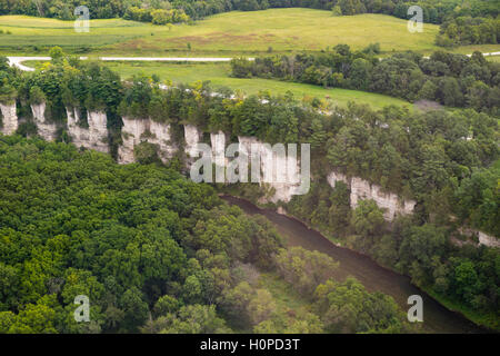 Aerial view of the Upper Iowa River bluffs in northeast Iowa on a ...