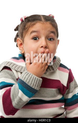 Portrait of little impressed kid open mouth speechless empty space ad ...