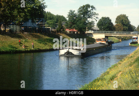 Cargo boat for trade in the canals of the city of Venice, Italy, Europe ...