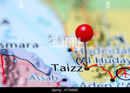 Close up to a Taizz city with a red pin needle into Yemen country ...