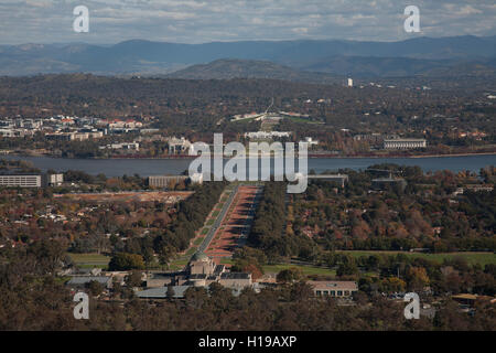 View from Mount Ainslie of the Canberra parliament buildings, the Anzac ...