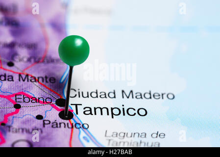 Close up to a Tampico city with a green pin needle into Mexico country ...