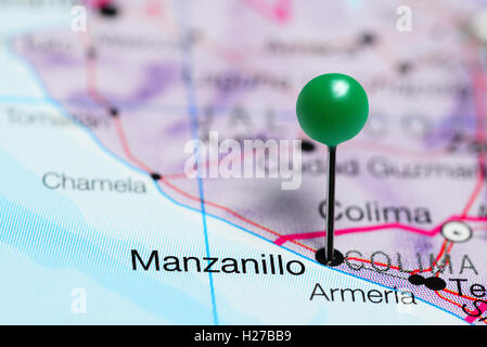 Manzanillo pinned on a map of America Stock Photo - Alamy