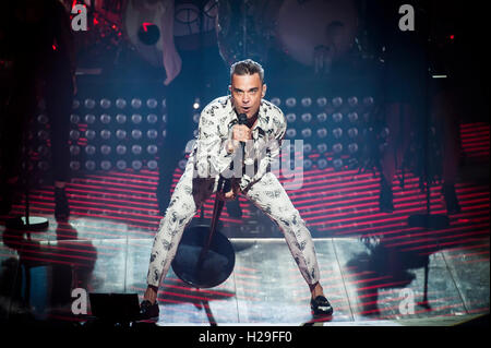 Robbie Williams performs live on stage as part of the Apple Music ...