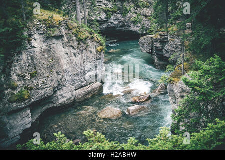 Wild river stream among cliffs and rocks, Enguri, autumn time in Mestia ...