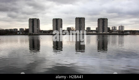 Thamesmead tower blocks and Southmere lake Stock Photo - Alamy