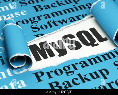 Programming concept: black text MySQL under the piece of torn paper ...