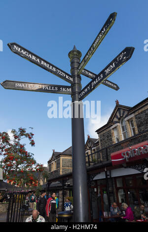 Sign post showing famous waterfalls of the world in Betws-y-Coed, North ...