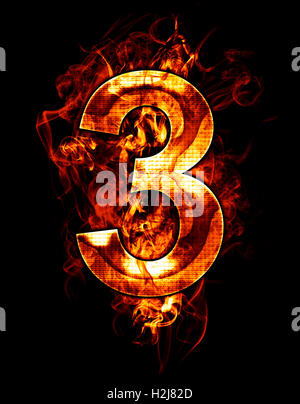 three, illustration of number with chrome effects and red fire Stock ...