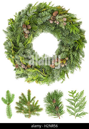 Christmas decoration, fir and spruce twigs, pine cones and baubles, on ...