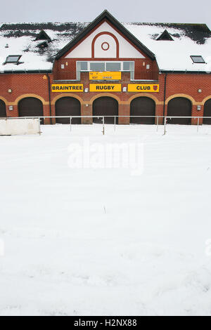Snow lies on the pitch and surrounding areas at Braintree Rugby Club ...