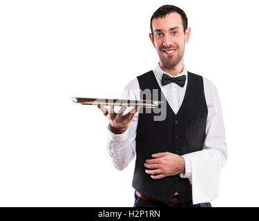 Waiter holding silver tray with food icons above Stock Photo - Alamy