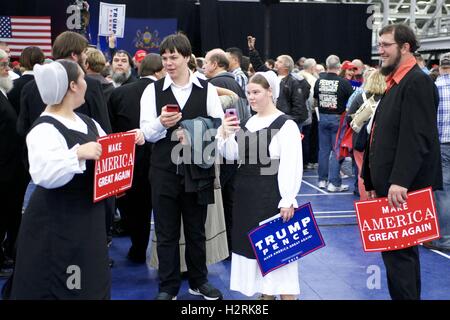 Manheim, PA - October 1, 2016: An Amish man enthusiastically waves a ...