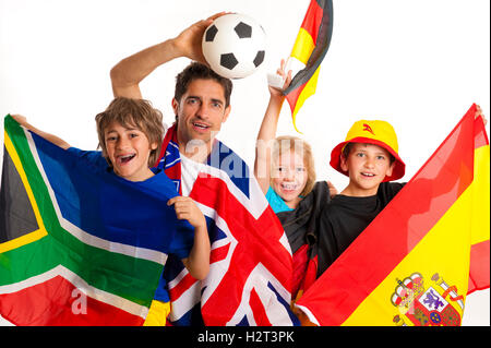 Excited female supporter of the Spanish national football team holding ...