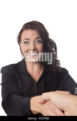 happy business woman shaking someones hand in delight Stock Photo - Alamy