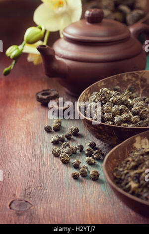 Different healthy food and teapot on table. Harvest festival Stock ...