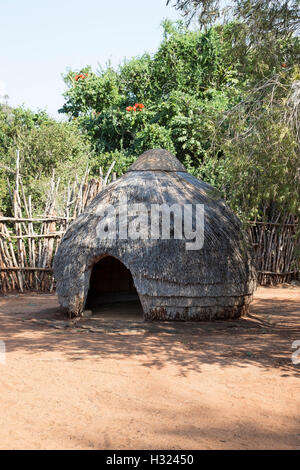 Traditional Zulu huts in a stockade in the KwaZulu-Natal region of ...