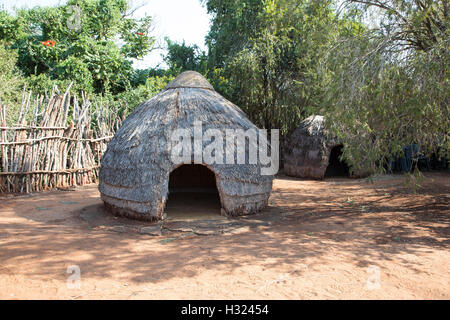 Traditional Zulu hut in a stockade in the KwaZulu-Natal region of South ...