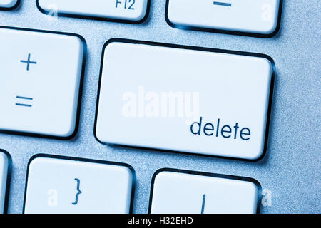 Closeup of delete key on computer keyboard with white keys on dark ...