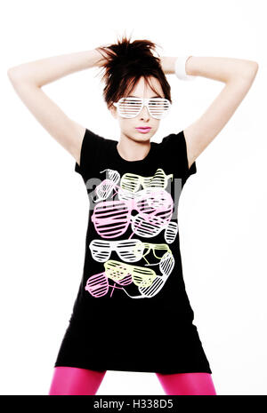 Photo of cool brunette long hairstyle lady yell fly wear yellow t-shirt ...