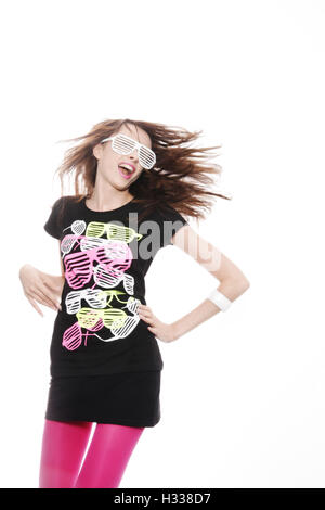Photo of cool brunette long hairstyle lady yell fly wear yellow t-shirt ...