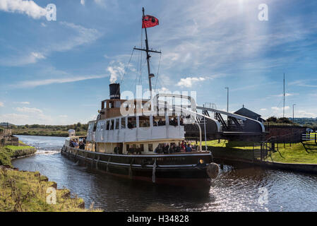 THe Daniel Adamson steam tug passing the swingbridge at Sutton Weaver ...