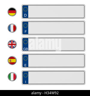 European Union license plates isolated on white background. 3D ...