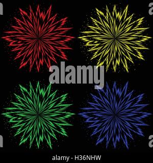 Vivid colorful fireworks burst in a dark night sky, sending golden ...