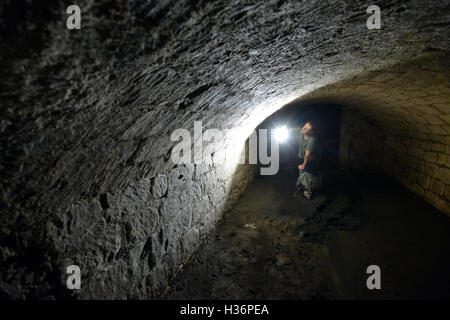 Archaeologist studying a newly discovered medieval vault beneath a shop ...