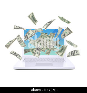 Dollar notes flying around the laptop Stock Photo - Alamy
