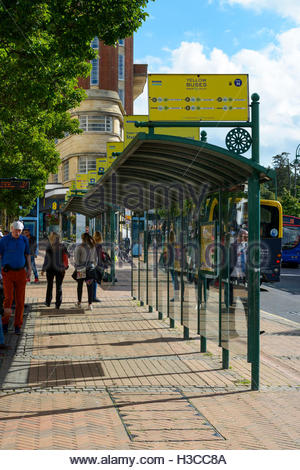 Yellow Buses bus stop stands at Bournemouth Square in May Stock Photo ...