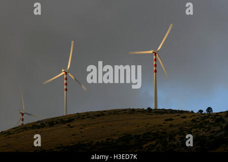 sunlit eolic blades on a hill Stock Photo - Alamy