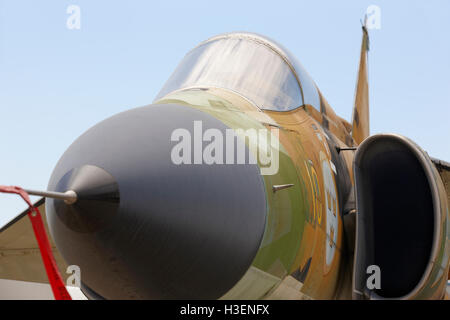 Fighter aircraft nose and cabin detail with blue sky background Stock ...