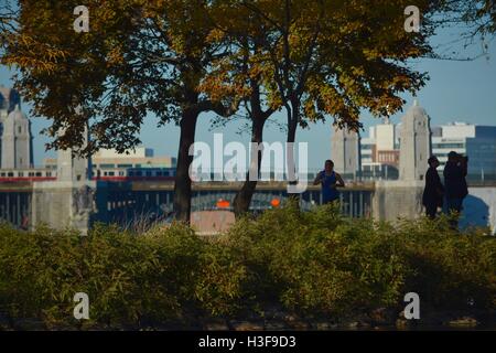 A MBTA red line subway heavy rail train crossing the Longfellow Bridge ...