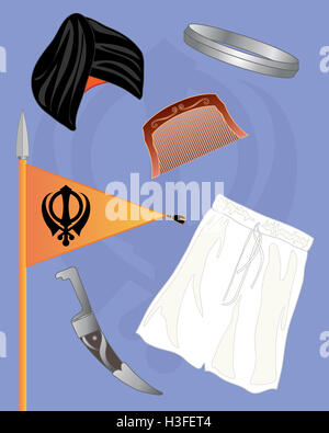 an illustration of the symbols of the five ks of Sikhism kesh kirpan ...