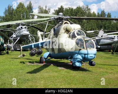 The Mil Mi-24, a Soviet-designed attack helicopter, is displayed at the ...