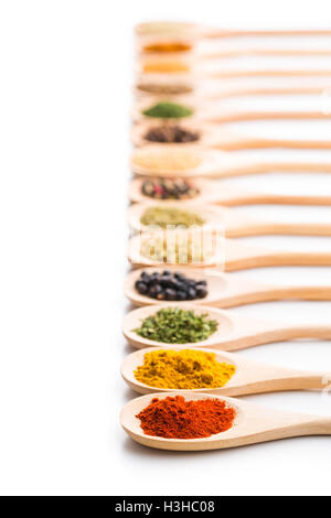 Various spices on white wooden background Stock Photo - Alamy