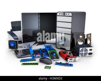 computer parts 3d illustration in xray style of the parts of a computer ...