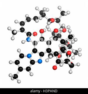Rifaximin antibiotic drug molecule. Atoms are represented as spheres ...