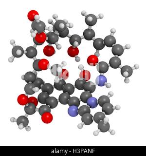 Rifaximin antibiotic drug molecule. Atoms are represented as spheres ...
